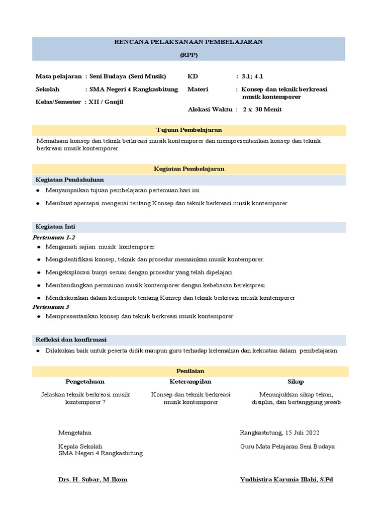RPP Konsep Dan Teknik Berkreasi Musik Kontemporer | PDF | Ilmu Sosial