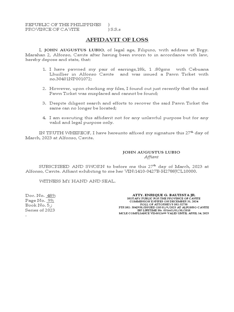 AFFIDAVIT OF LOSS Misplaced Pawn Ticket Cebuana | PDF