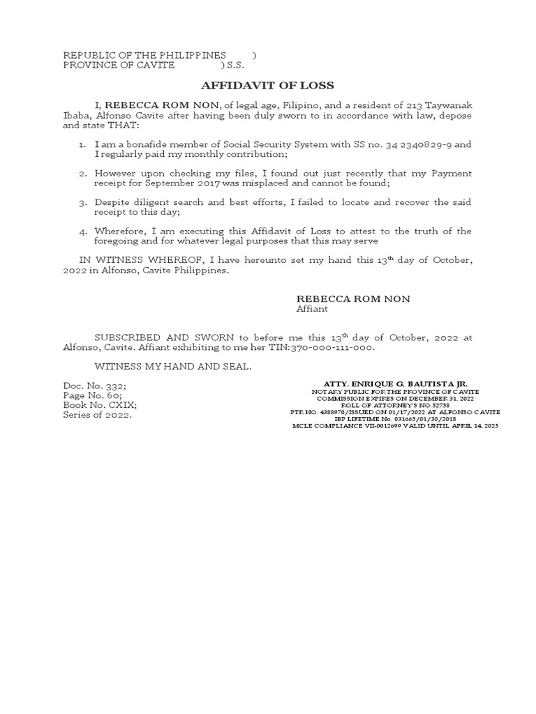 AFFIDAVIT OF LOSS Misplaced SSS Receipt | PDF