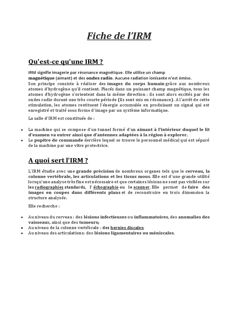 Fiche de l'IRM | PDF | Imagerie par résonance magnétique | Radiologie