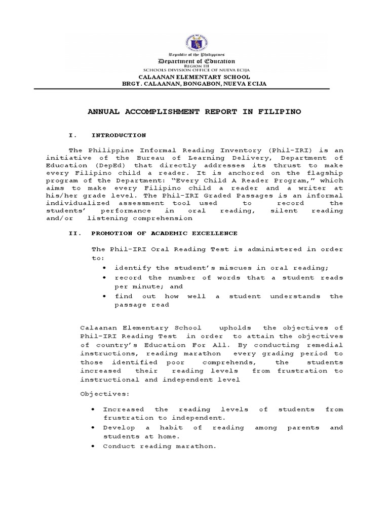 Accomplishment Report in Filipino 2023 | PDF | Reading Comprehension ...
