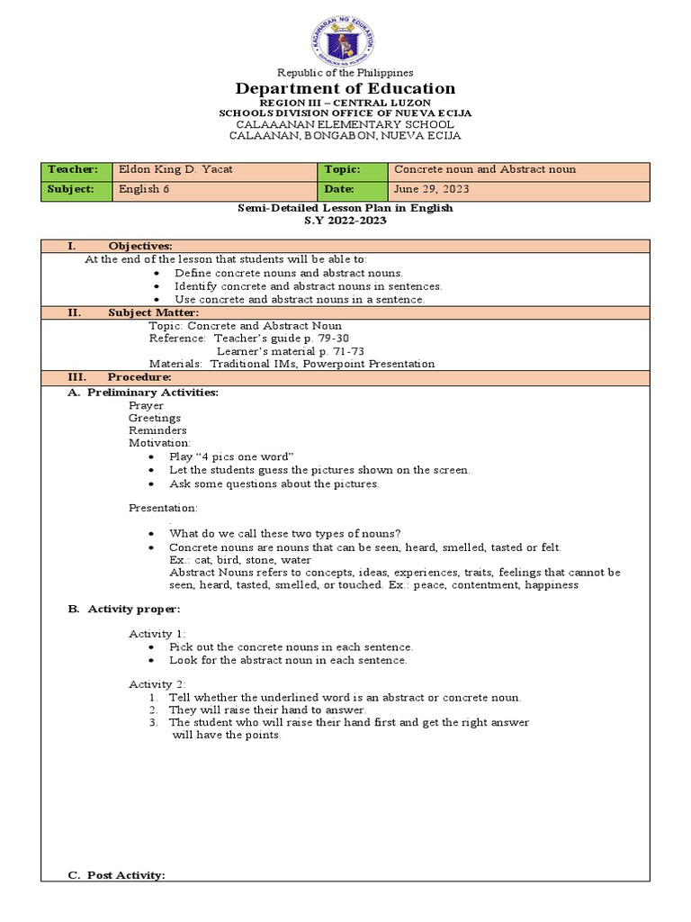 ELDON LESSON PLAN COT 2 Concrete Abstract Lesson Plan COT 3RD GRADING | Download Free PDF ...
