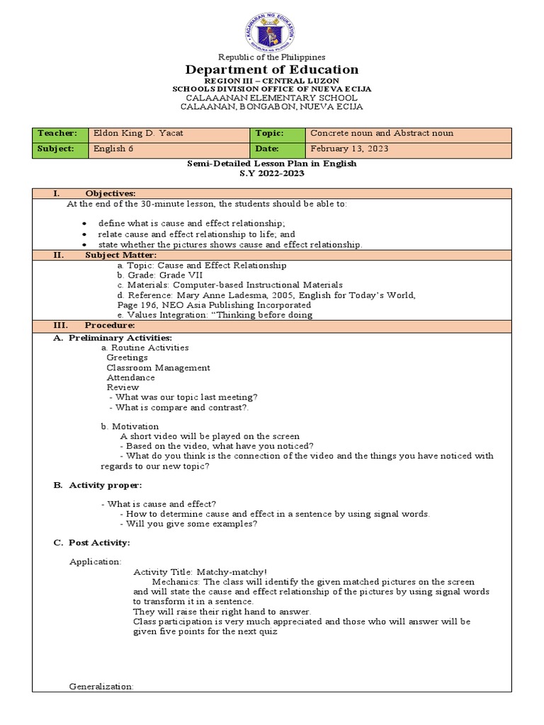 ELDON LESSON PLAN COT 1 Cause and Effect Lesson Plan COT 3RD GRADING | PDF | Lesson Plan | Causality