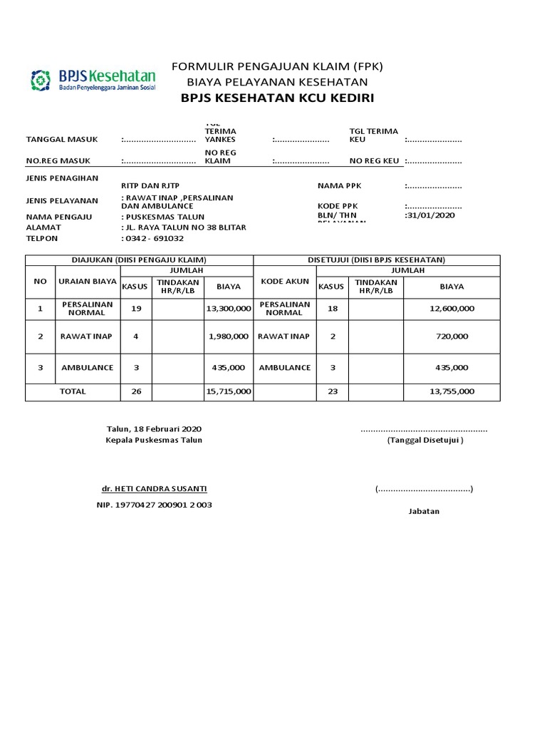 Bpjs Kesehatan Kcu Kediri: Formulir Pengajuan Klaim (FPK) Biaya Pelayanan Kesehatan | PDF