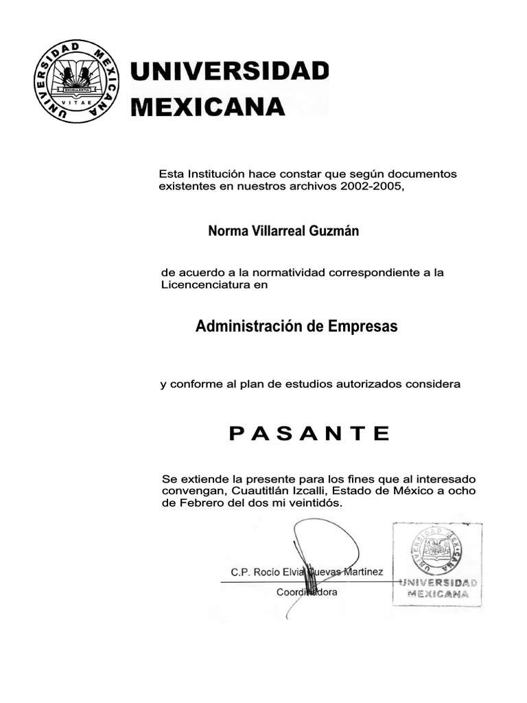 Carta Pasante Licenciatura Administración | PDF