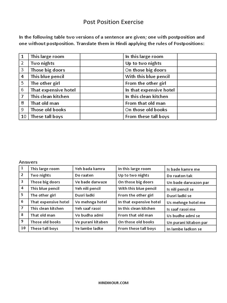 Hindi Postposition Practice | PDF | Language Arts & Discipline