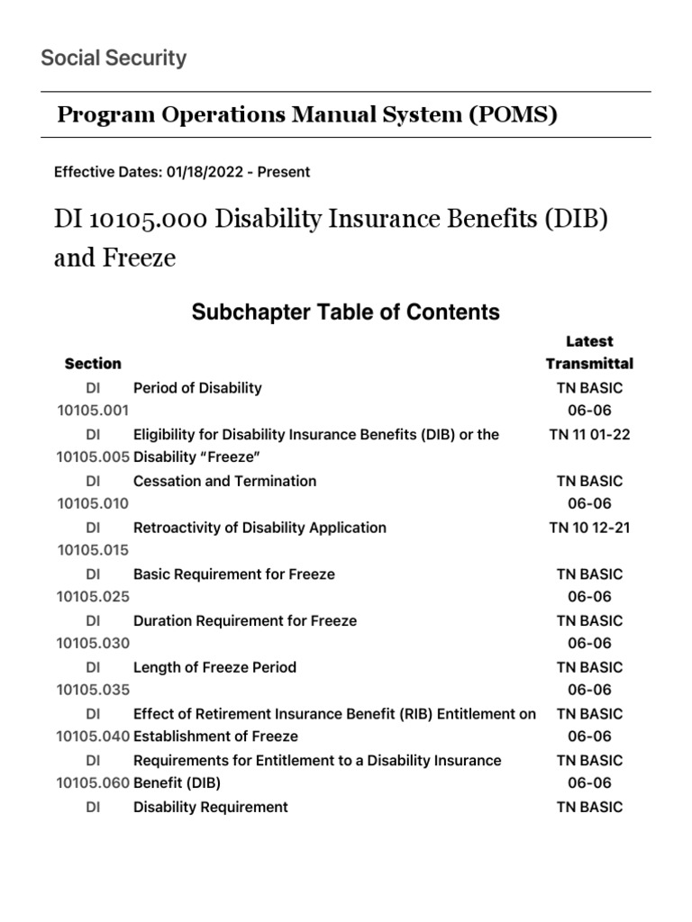 SSA - POMS - DI 10105.000 - Disability Insurance Benefits (DIB) and Freeze - Tabl | PDF | Social ...