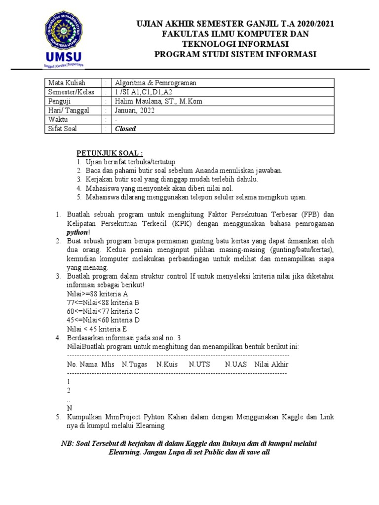 UAS FIKTI PRAK Algoritma Pemrograman SI 2022 | PDF