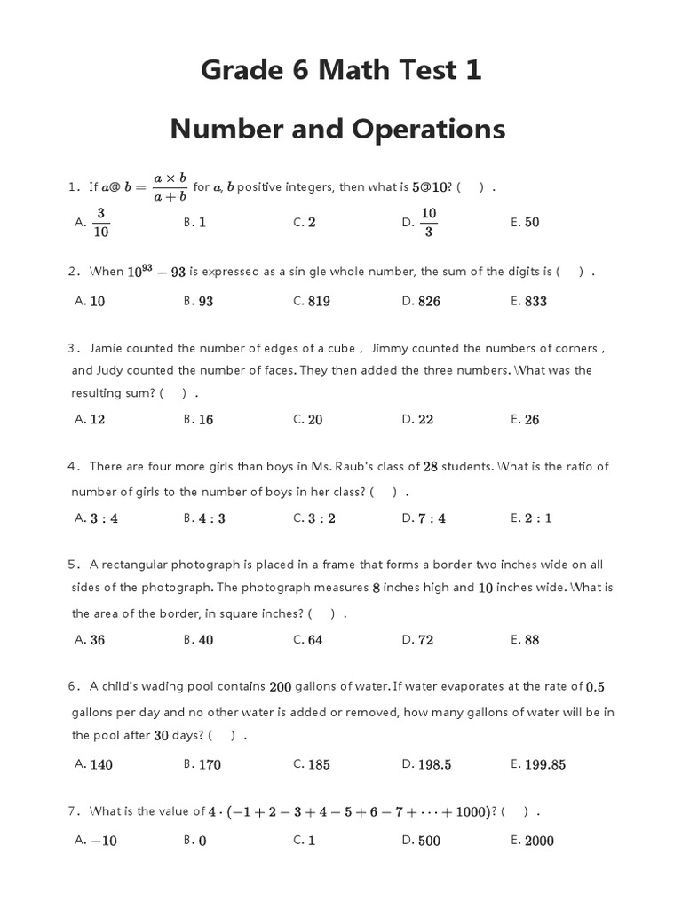 Grade 6 Math Test 1 Pdf Numbers Arithmetic