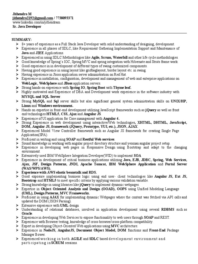 1528216675jithendra SR Java Developer | PDF | Spring Framework | Angular Js