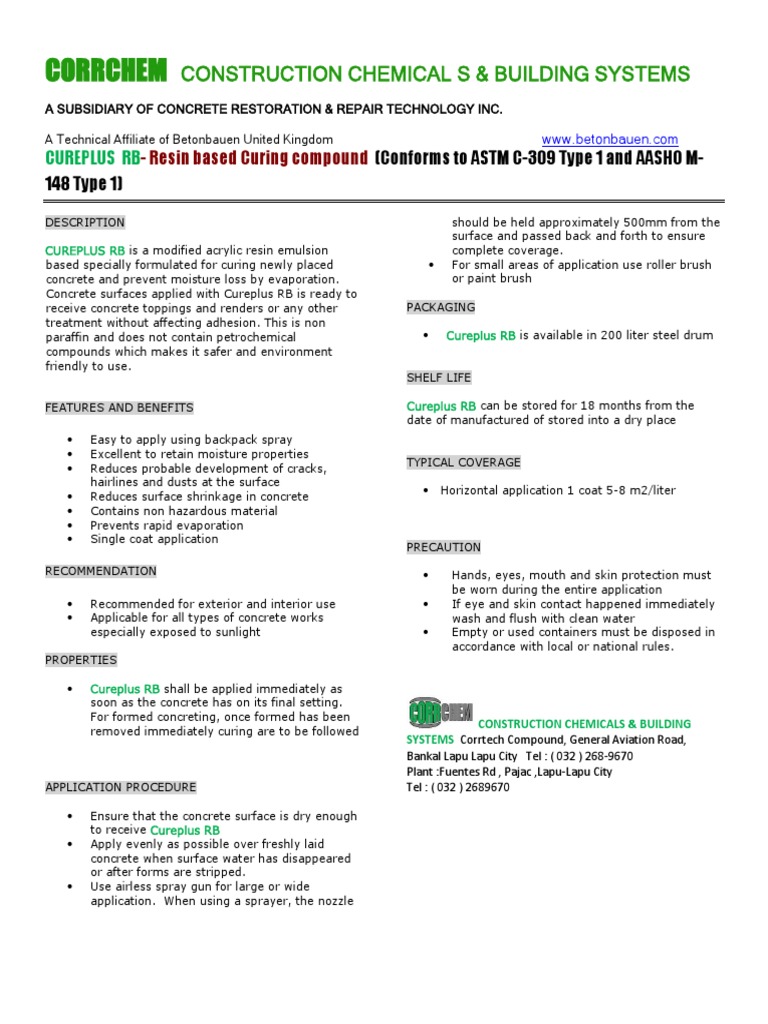 Curing Compound (Resi Based by CorrChem) | PDF | Concrete | Paint
