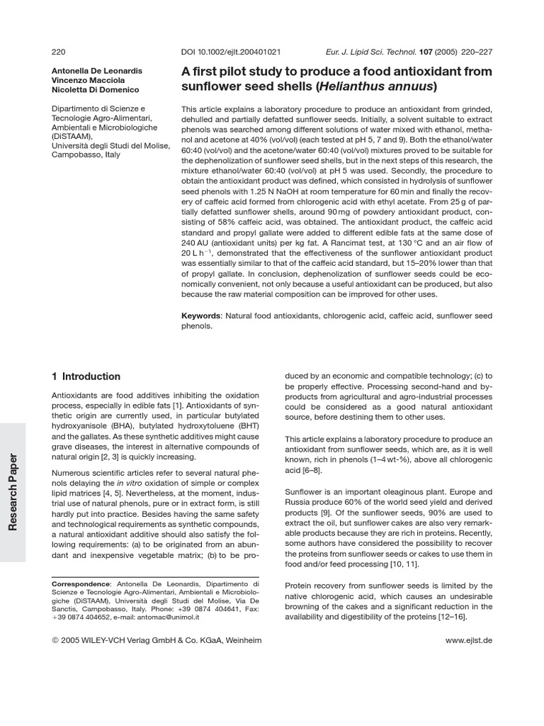 A First Pilot Study To Produce A Food Antioxidant From | PDF | Fat | Ph A First Pilot Study To Produce A Food Antioxidant From | PDF | Fat | Ph