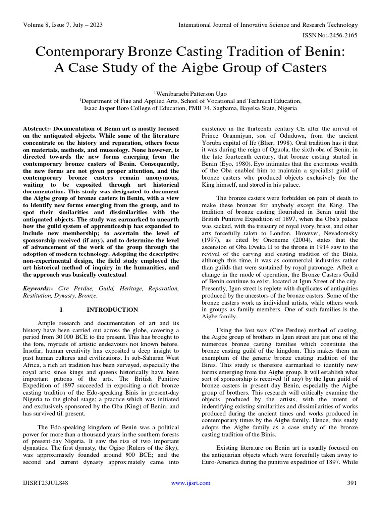 Contemporary Bronze Casting Tradition of Benin: A Case Study of The Aigbe Group of Casters | PDF