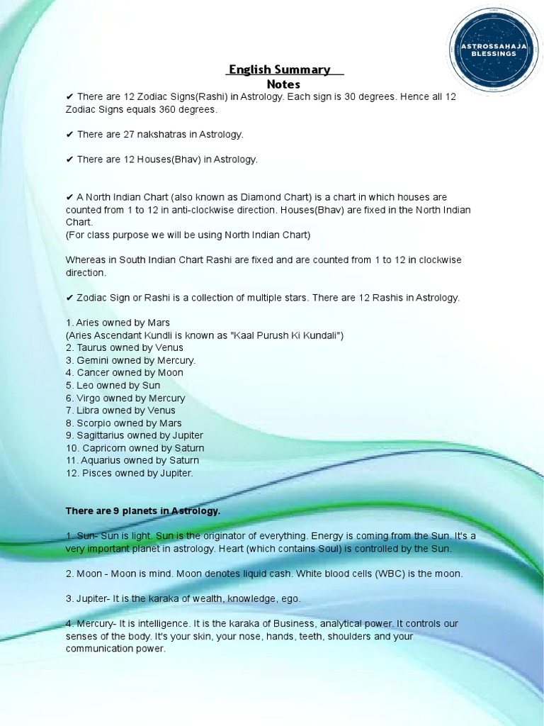 English Summary Notes | PDF | Planets In Astrology | Astrological Sign