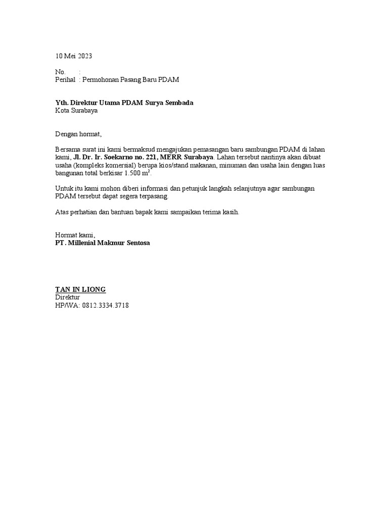 Draft Surat Permohonan PDAM | PDF
