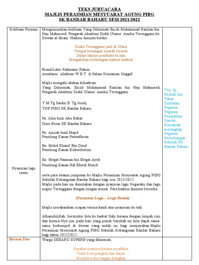 Teks Juruacara Majlis Perasmian Mesyuarat Agung Pibg.1docx | PDF