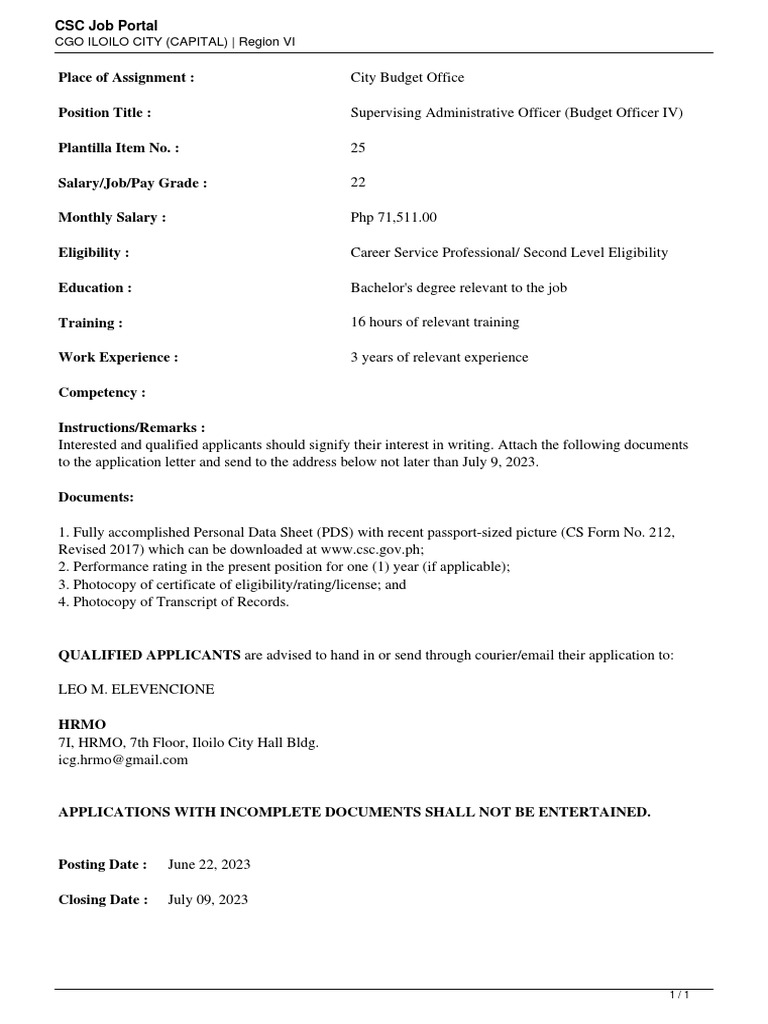 CGO ILOILO CITY CAPITAL-Supervising Administrative Officer Budget ...