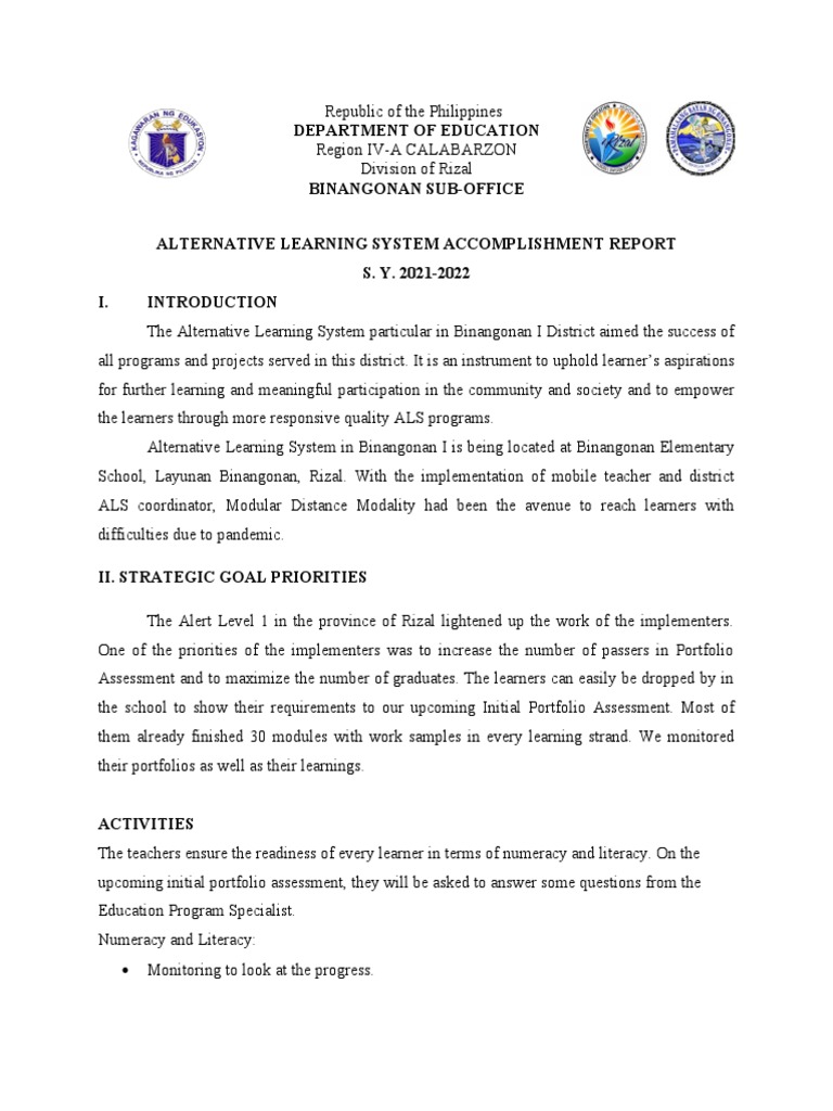 ALS Accomplishment Report S.Y. 2021-2022 | PDF | Learning | Literacy