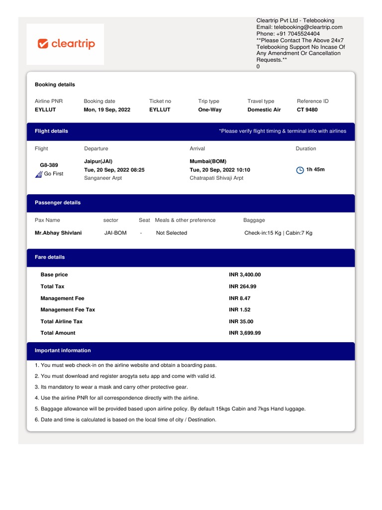ClearTrip E-Ticket 9480 | PDF | Civil Aviation | Aviation