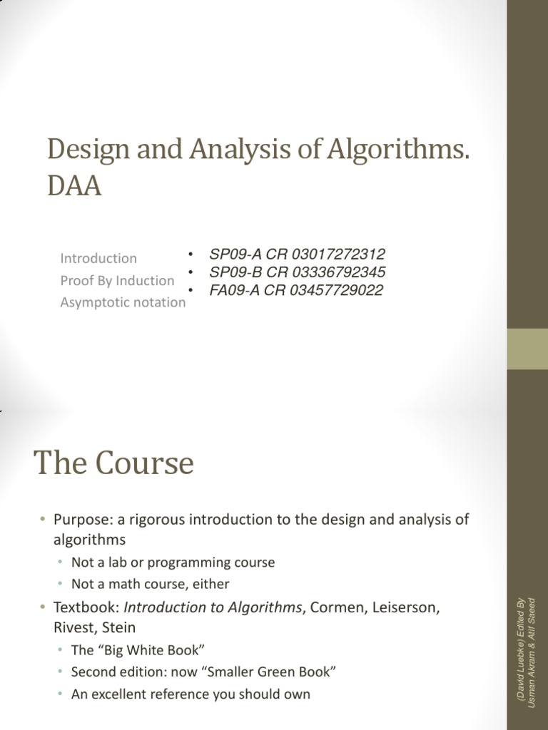 Design and Analysis of Algorithms. DAA: Proof by Induction Asymptotic ...