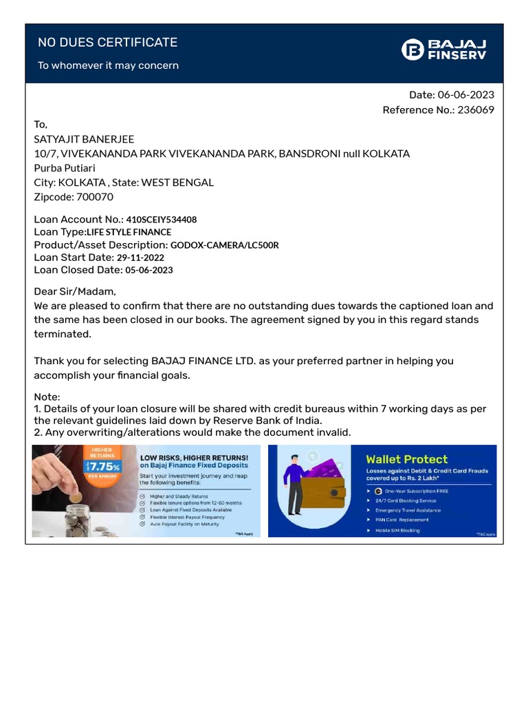 No Dues Certificate | Download Free PDF | Credit Card | Service Industries