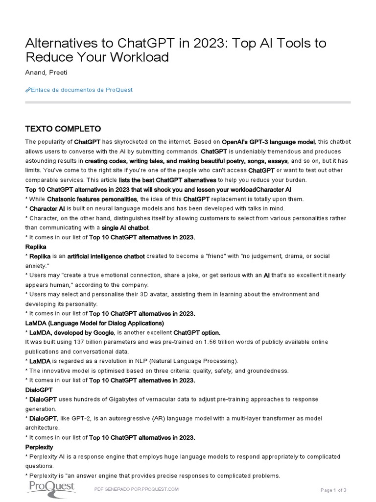 Alternatives To ChatGPT in 2023 Top AI Tools To Reduce Your Workload | PDF | Artificial ...