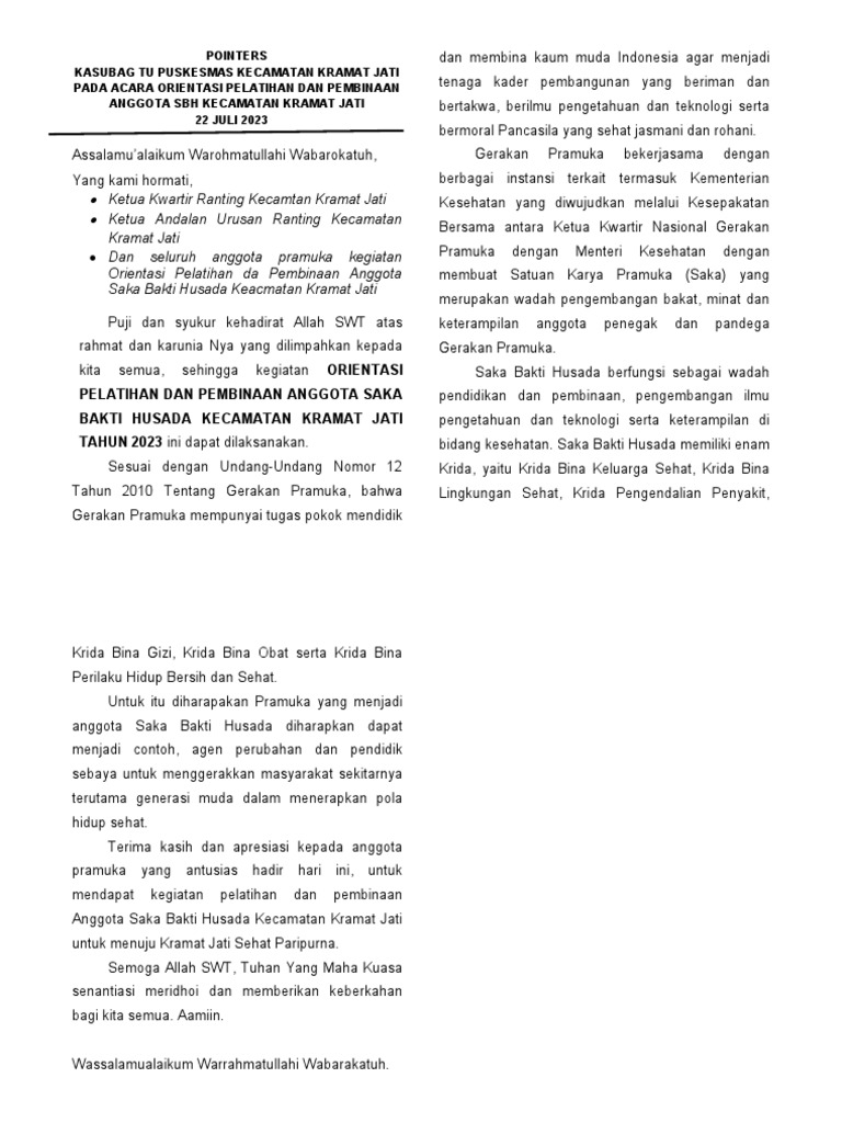 Pointers Sambutan Kasubag Tu Puskesmas Kec Kramat Jati Open Rekruitmen SBH 2022 | PDF | Karier ...