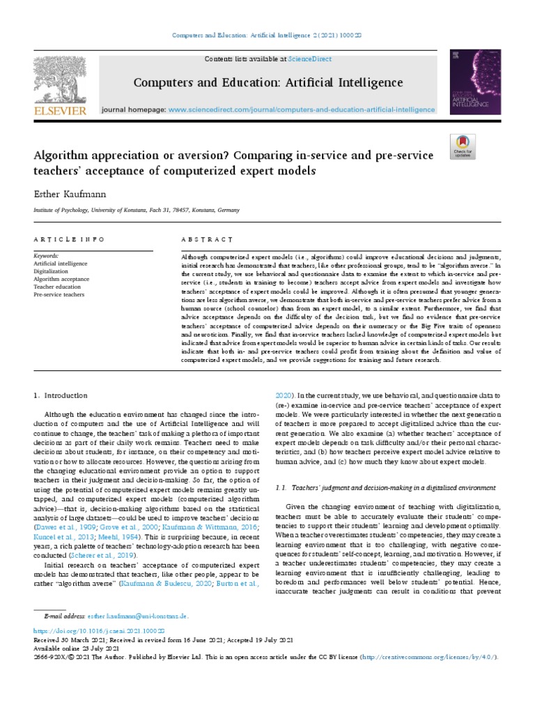 Algorithm Appreciation or Aversion Comparing in Se - 2021 - Computers and Educa | PDF | Expert ...