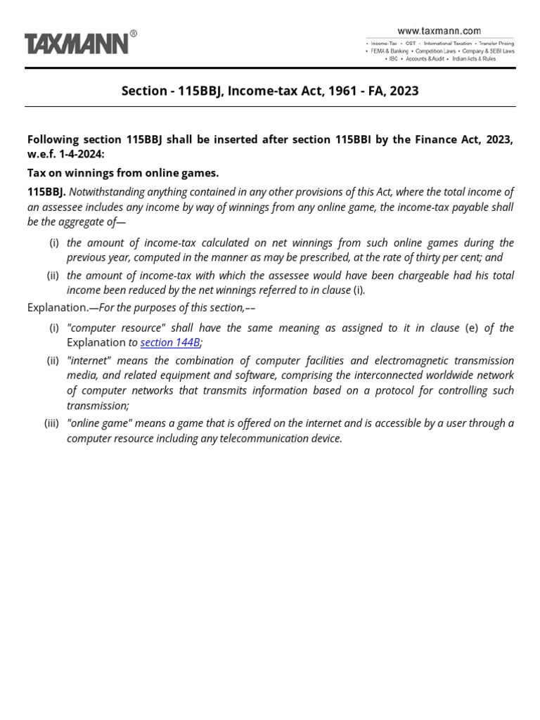 Section 115BBJ Income Tax Act 1961 FA 2023 Tax On Winnings From Online ...