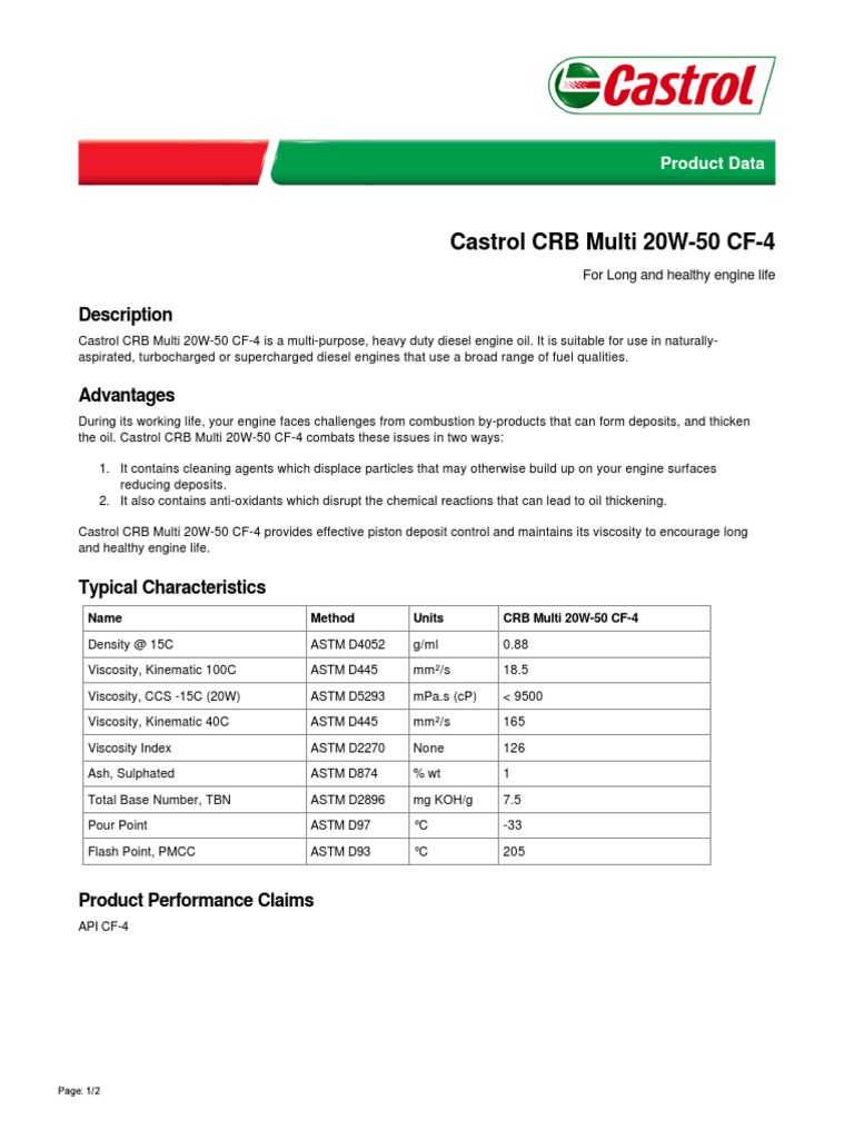 Castrol CRB Multi 20W-50 CF-4 Overview | PDF | Motor Oil | Engines