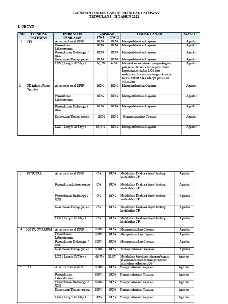 Laporan Tindak Lanjut Clinical Pathway 2022 | PDF