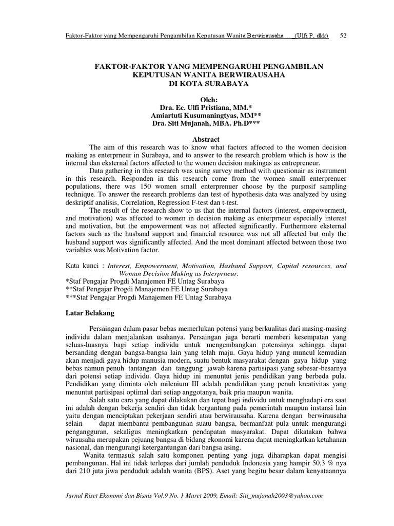 ID Faktor Faktor Yang Mempengaruhi Pengambilan Keputusan Wanita Berwirausaha Di Kot | PDF