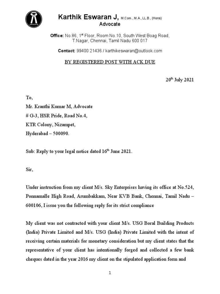 Legal Notice For Negotiation | PDF | Banking | Financial Services