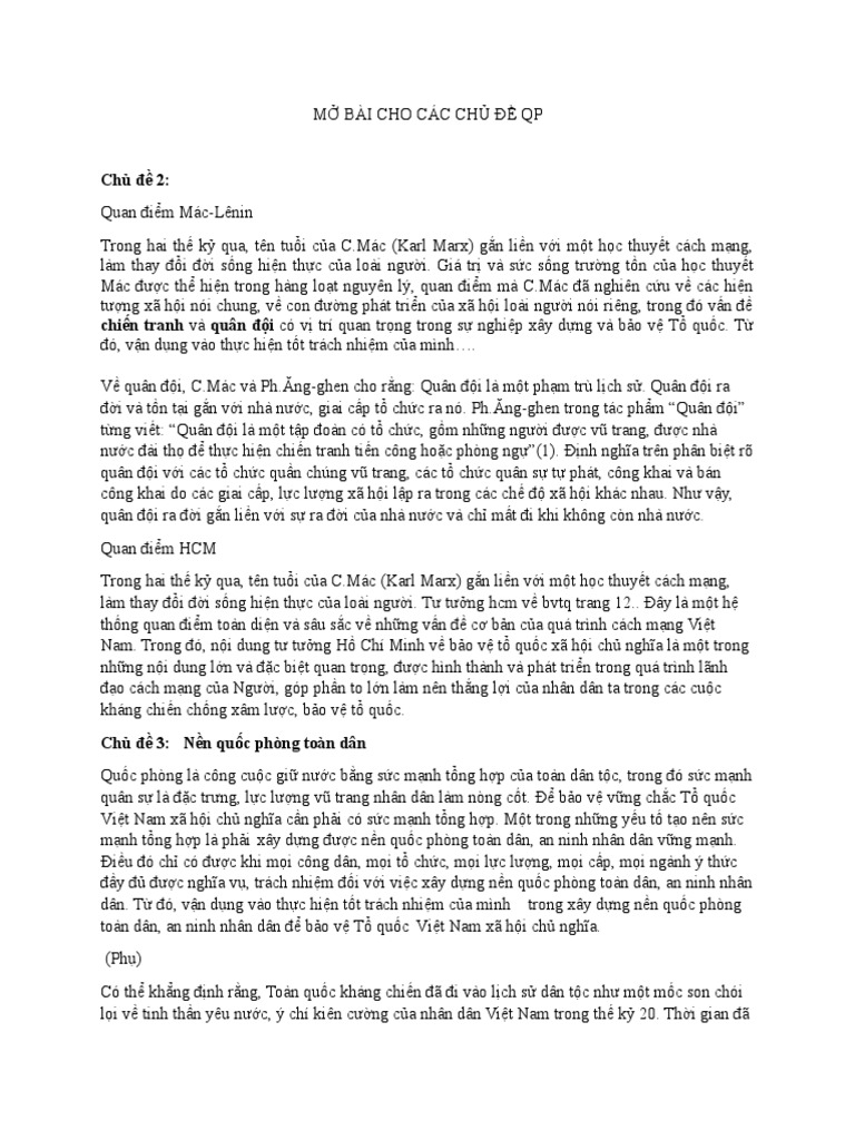 MỞ BÀI CHO CÁC CHỦ ĐỀ QP | PDF