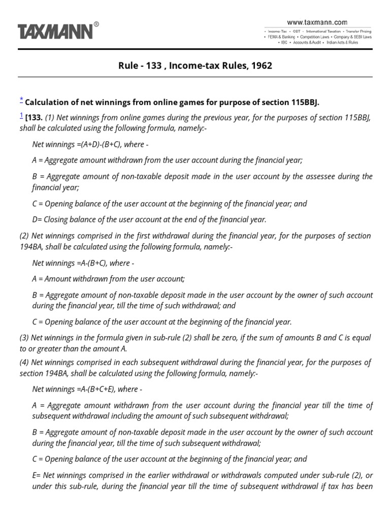 Rule 133 Income Tax Rules 1962 Calculation of Net Winnings From Online ...