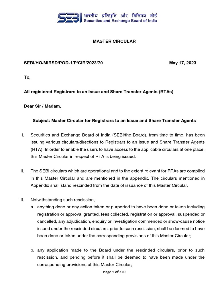 Master Circular For Registrars To An Issue and Share Transfer Agents - May 17, 2023 | PDF ...