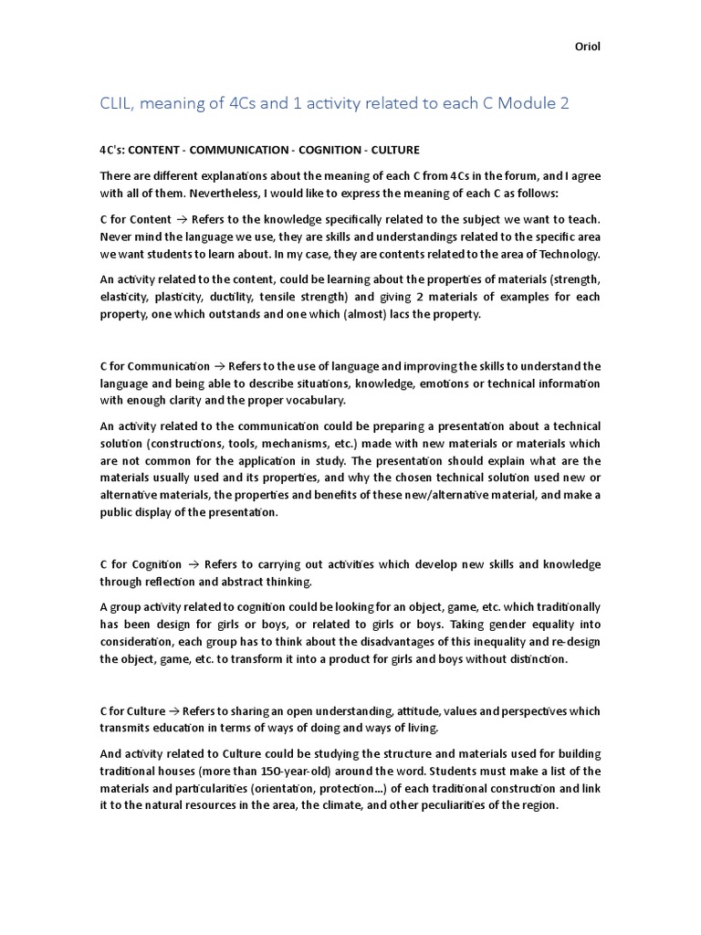 CLIL 4Cs Definition With Examples | PDF | Behavior Modification ...
