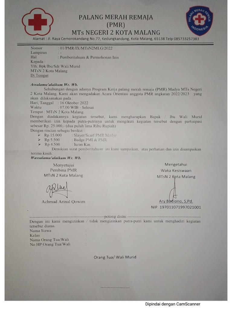 Surat Izin Mengikuti Orientasi PMR | PDF