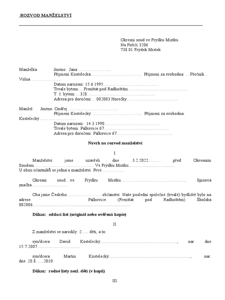 Návrh Na Rozvod Manželství | PDF