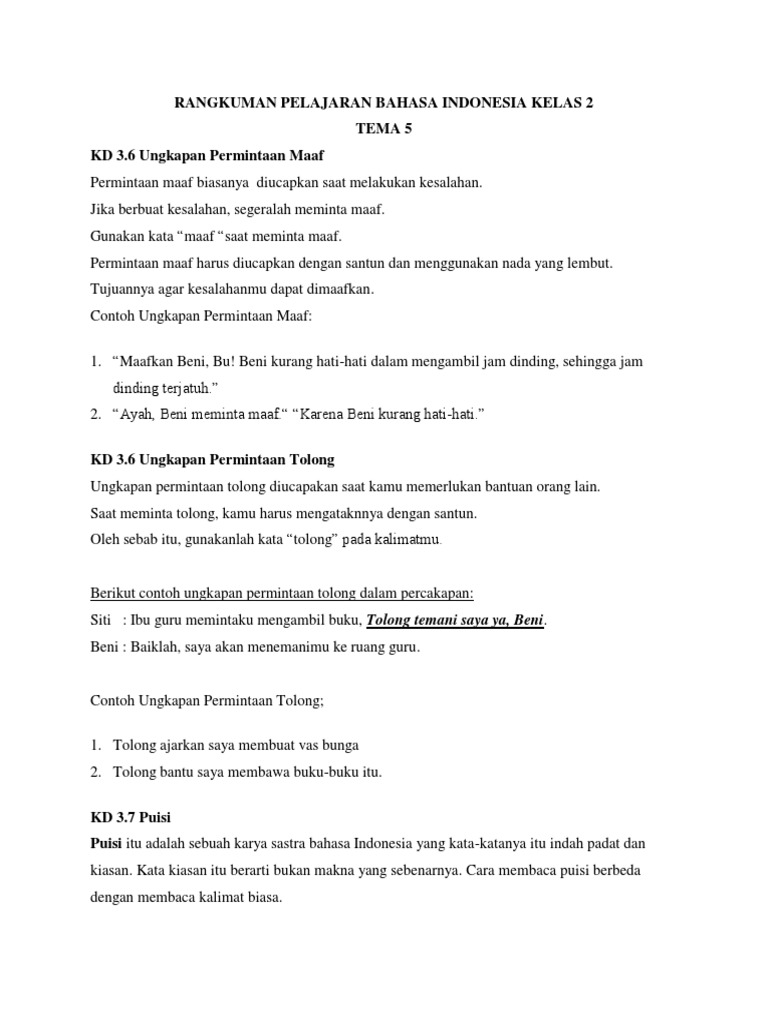 RANGKUMAN PELAJARAN BAHASA INDONESIA KELAS 2 Tema 5 | PDF