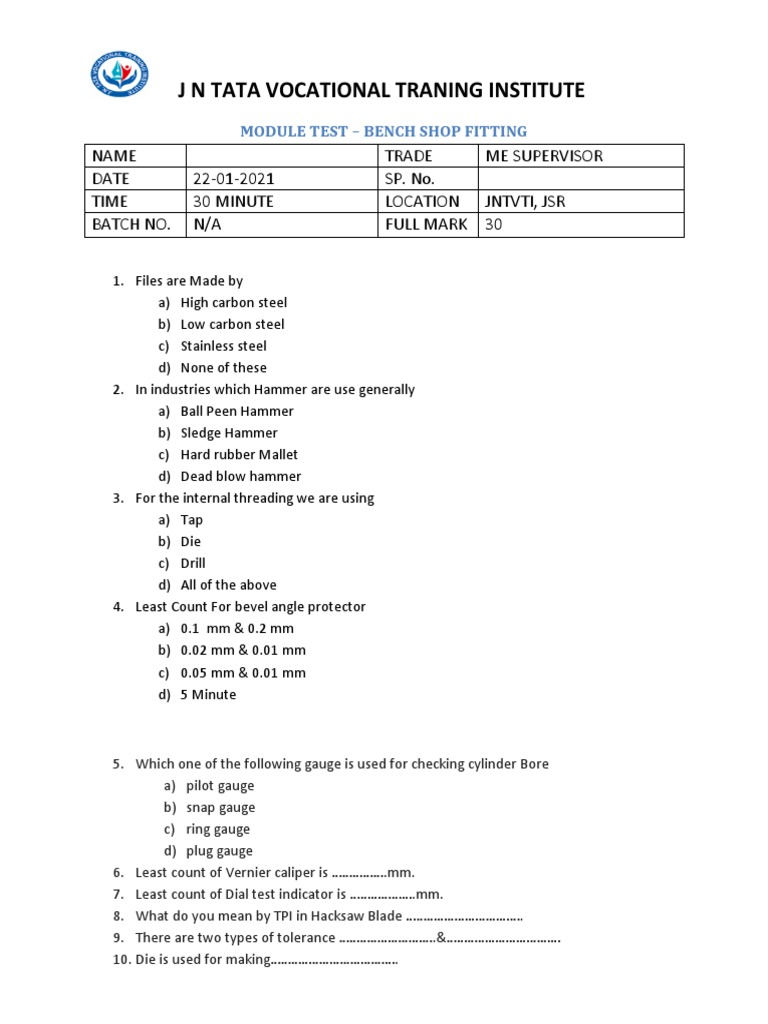 JNTVTI Bench Shop Fitting Test | PDF