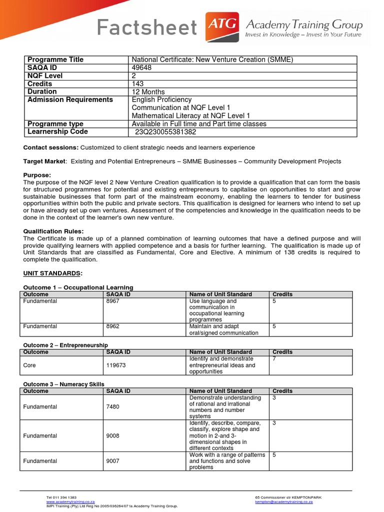 National Certificate NVC SMME SAQA ID 49648 NQF L2 | PDF ...