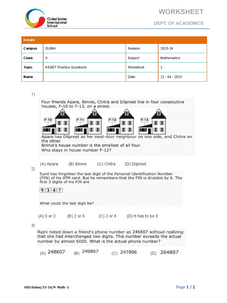 ASSET Practice Questions - 2 (Gr.9) | PDF