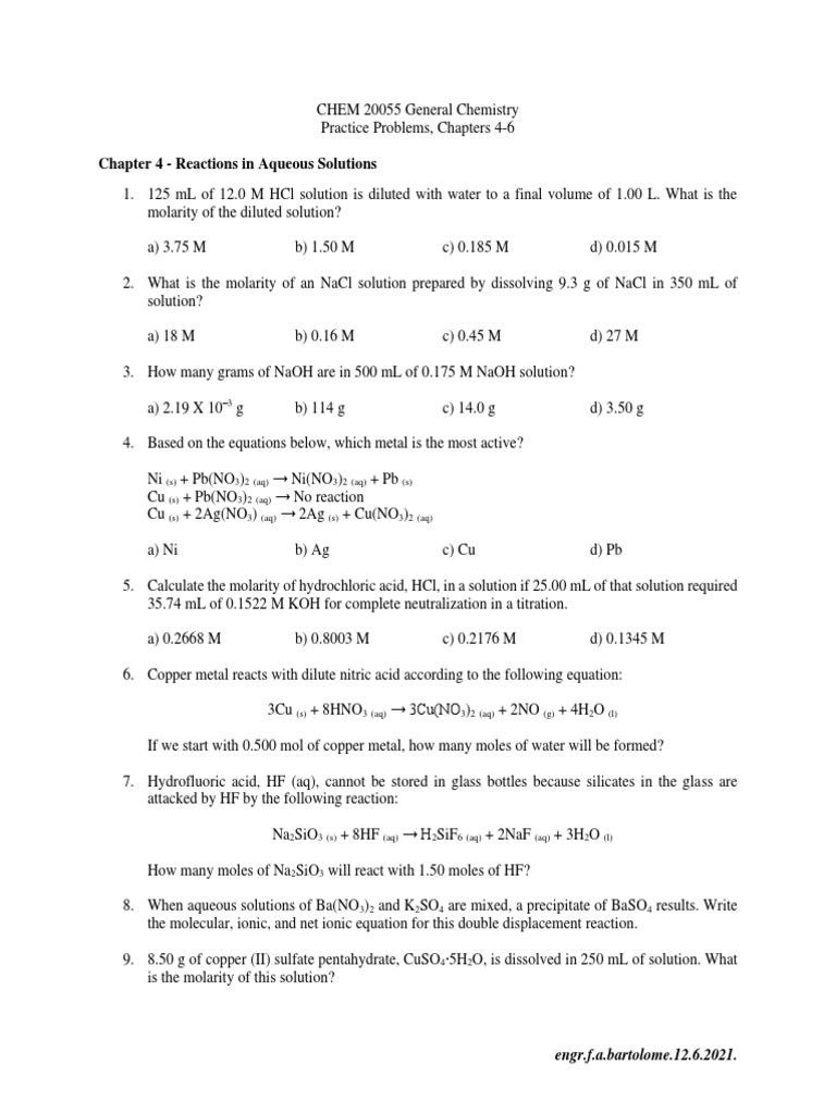 CHEM 20024 General Chemistry Practice Exam #2 | PDF | Gases | Mole (Unit)
