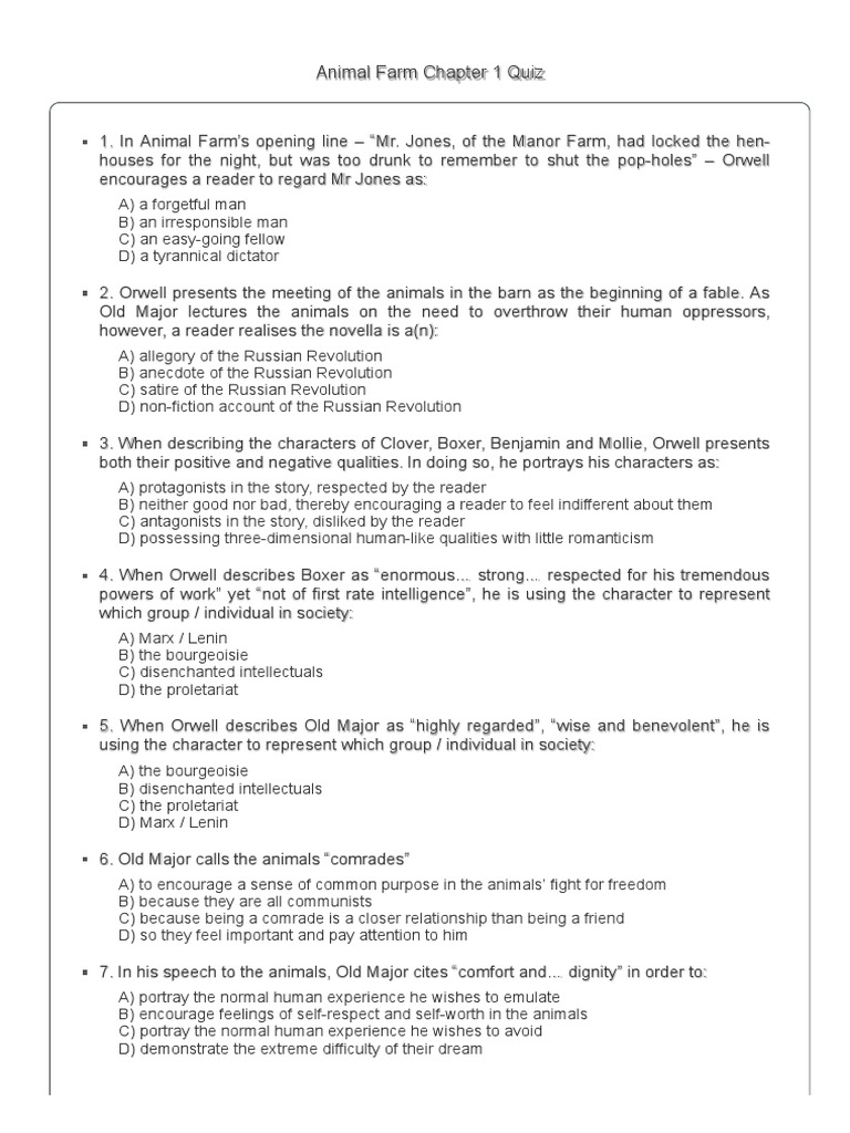 Animal Farm Chapter 1 Quiz | PDF | Art | General Fiction