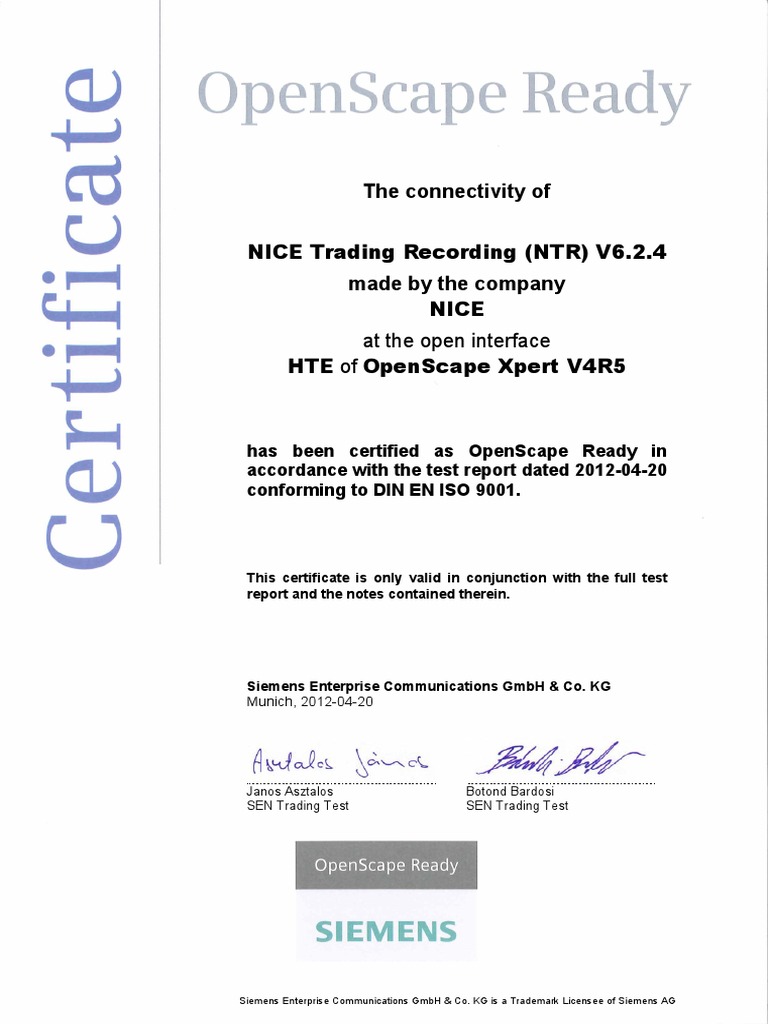 1791 Certificate Testreport NICE Trading Recording V6.2.4 OpenScape ...