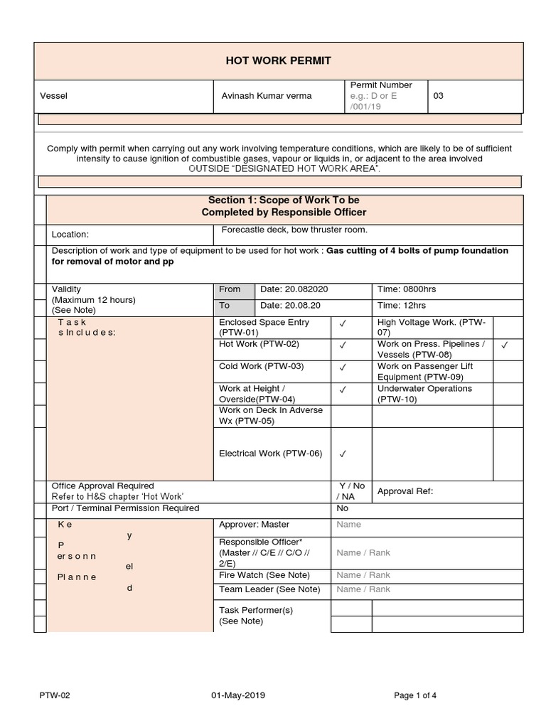 PTW-02 Hot Work Permit (1601608066) | PDF | Fires | Pipeline Transport