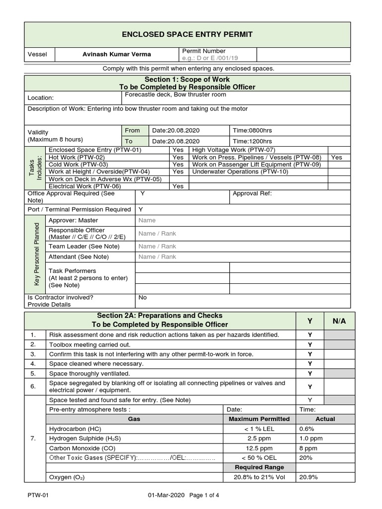 PTW-01 Enclosed Space Entry Permit (1601608066) | PDF | Safety