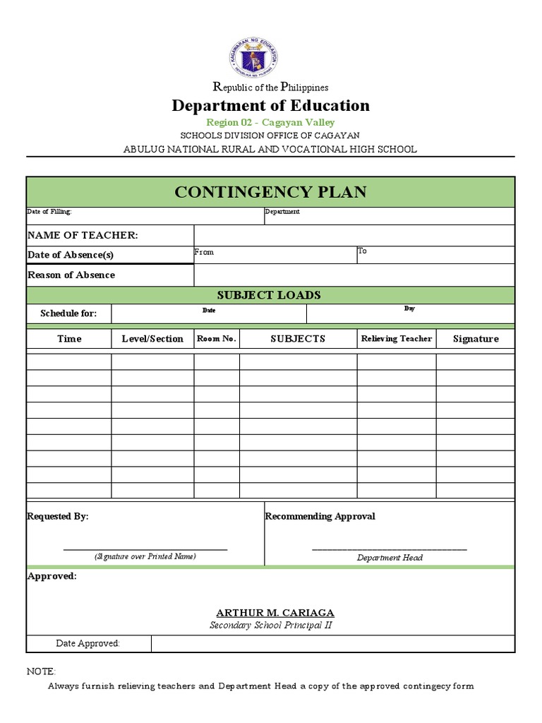 Contingency Form For Teachers | PDF