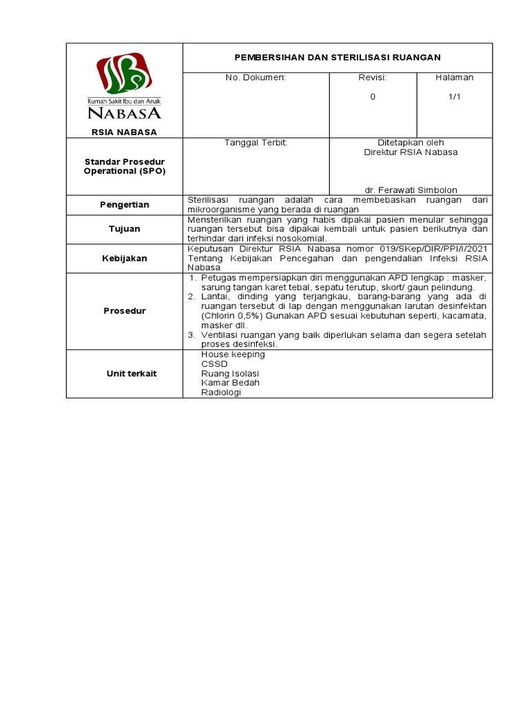 SPO Sterilisasi Ruangan PPI | PDF